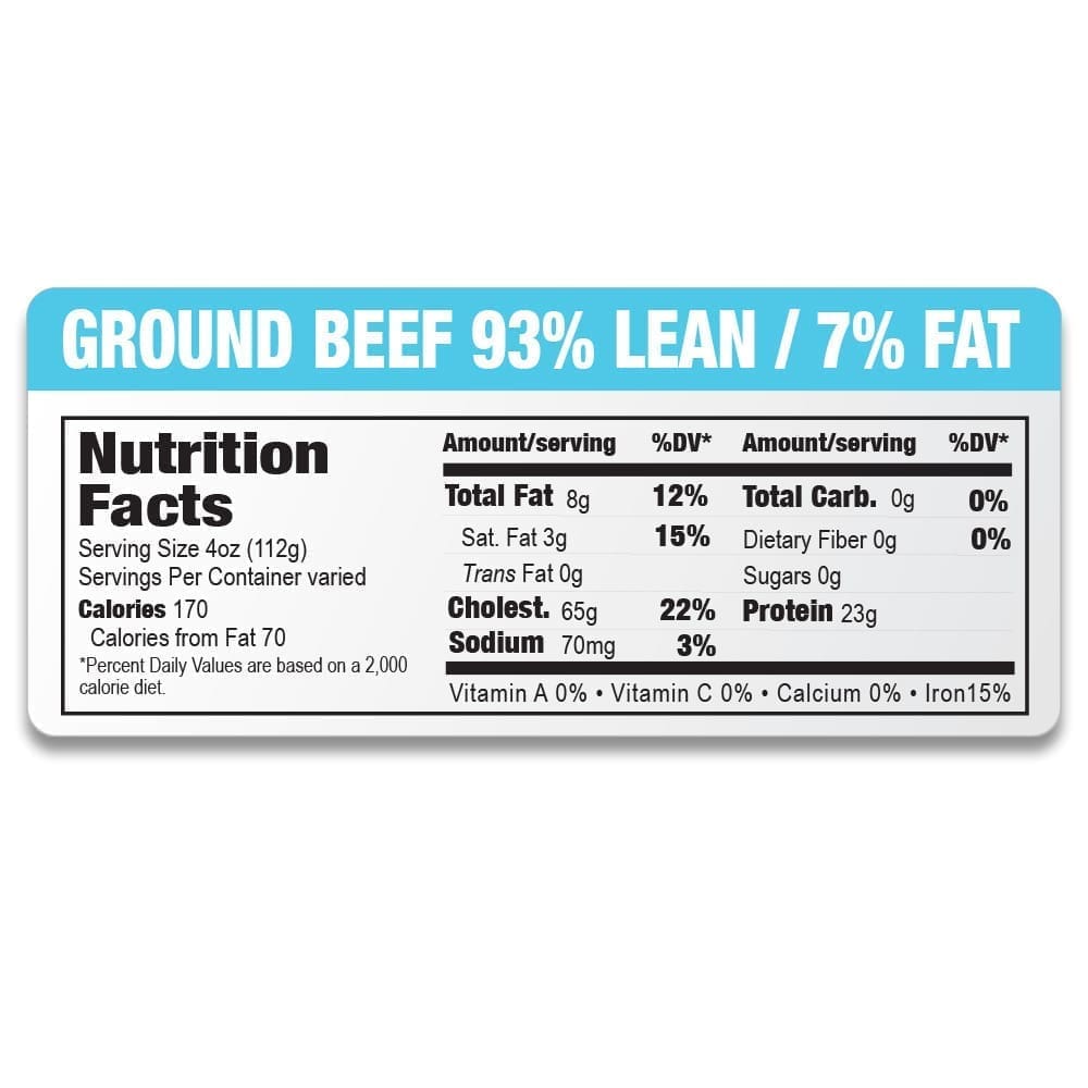 Nutritional Ground Beef 93% Lean Horizontal Label - 1000 Stickers