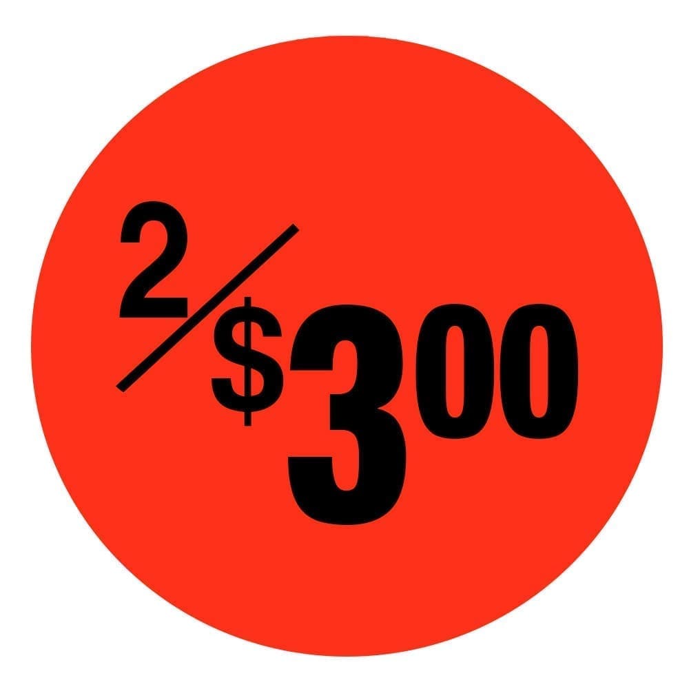 2 for $3 Pricing Label Round Sticker with black print - 500 Stickers