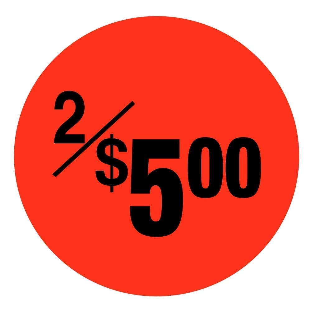 2 for $5 Label on red circle - 500 Stickers | Sale Sticker