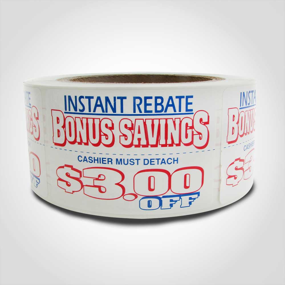 Bonus Savings Coupon $3.00 Off Label rectangle sticker - 500 rolls