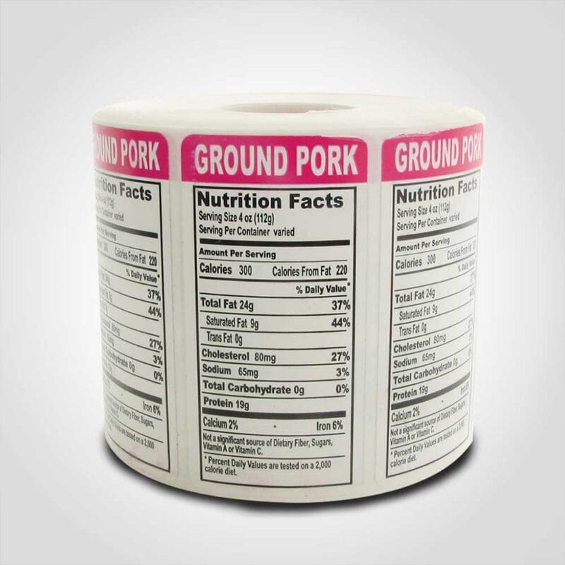 Ground Pork Nutritional Label, Butcher Sticker - 1000/roll