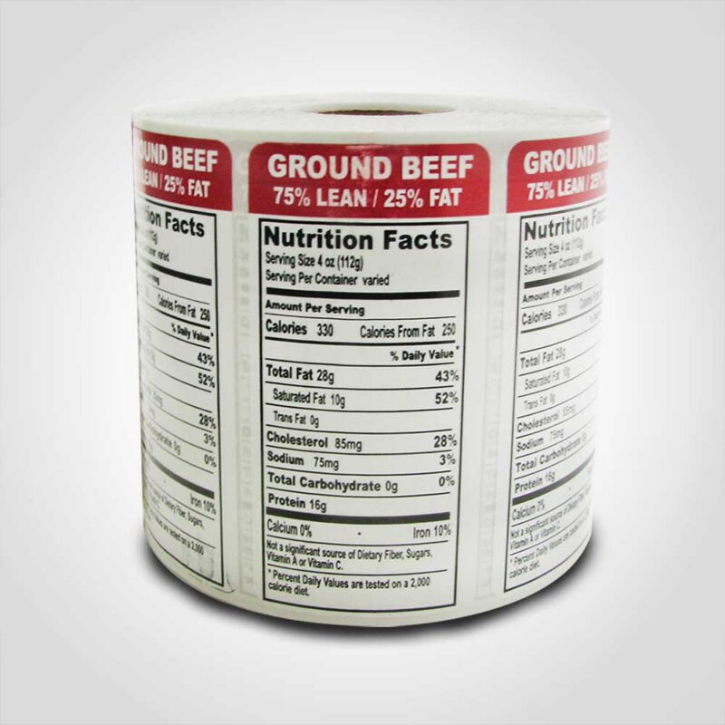 Ground Beef 75% Lean Vertical Label | 1000 Stickers