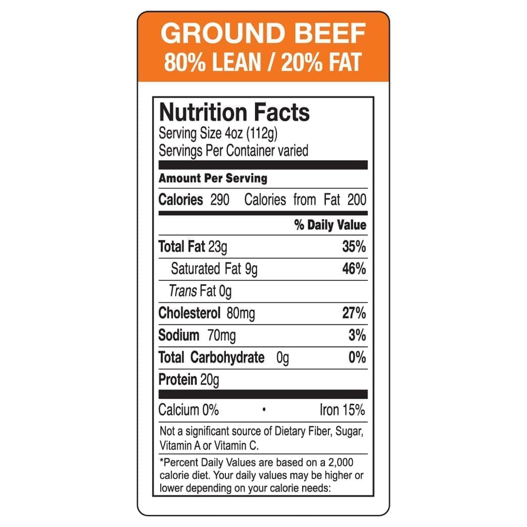 Ground Beef 80/20 Lean Nutritional Labels | 1000 Butcher Stickers