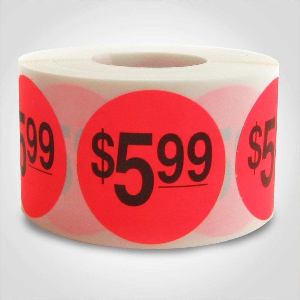 $5.99 Label Round Red Sticker with black print - 500/roll