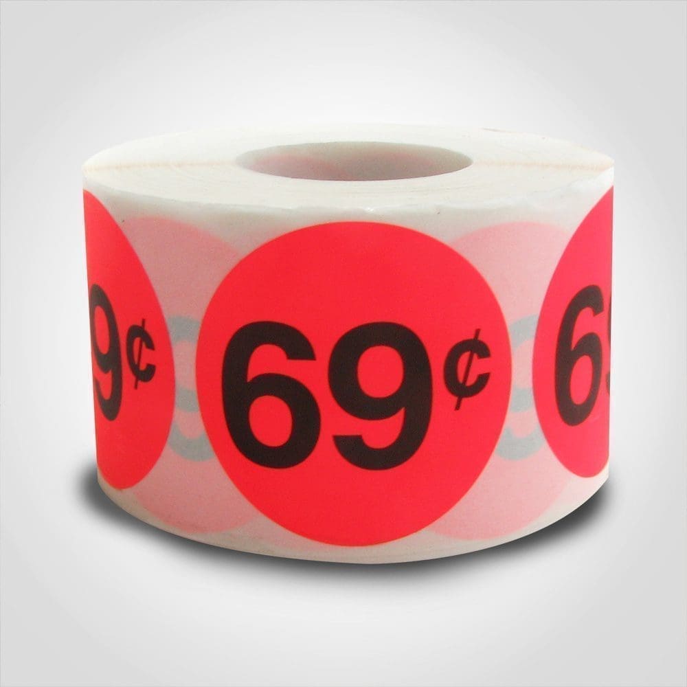 69 Cents Label Round Red Sticker with black print - 500/roll