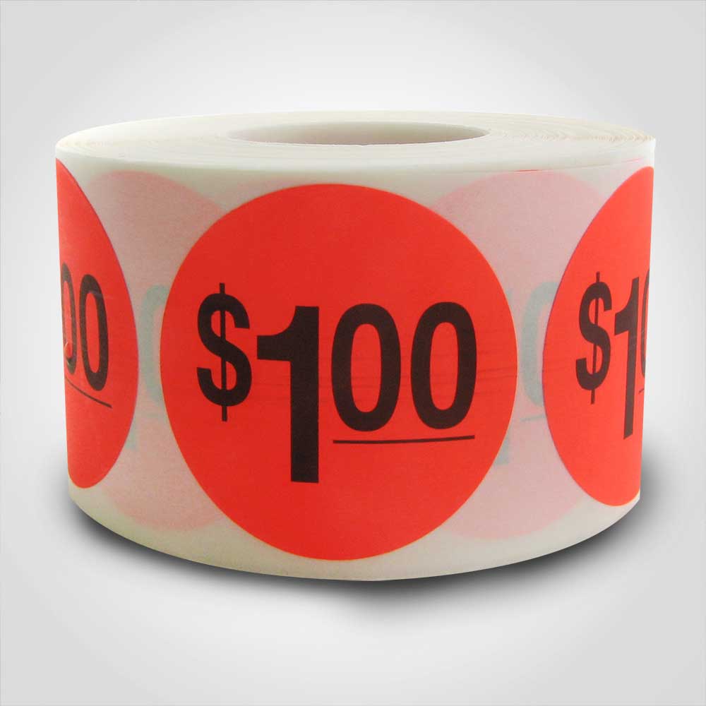 $1.00 Label Round Red Sticker with black print - 500 Stickers