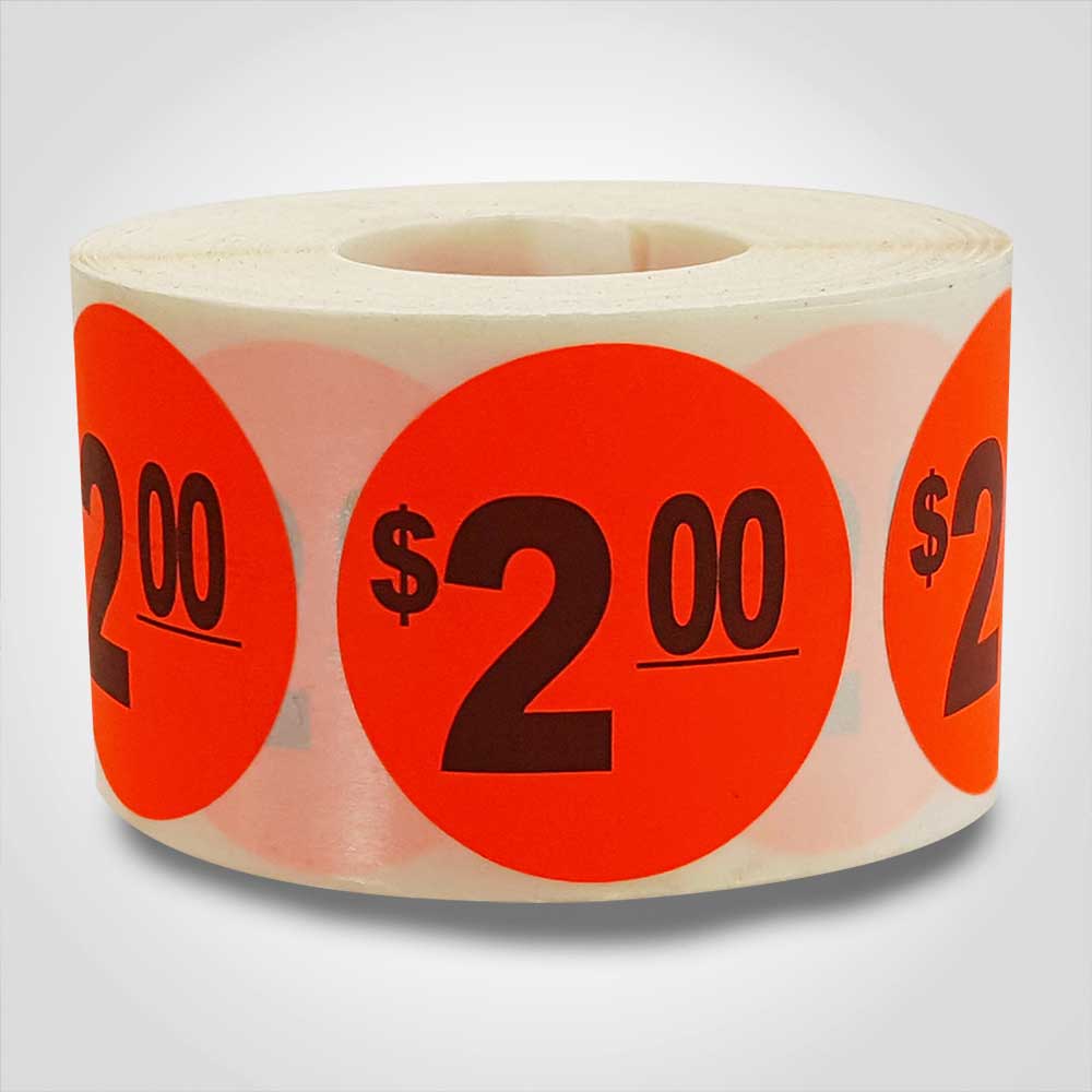 $2.00 Label Round Red Sticker with black print- 500/roll