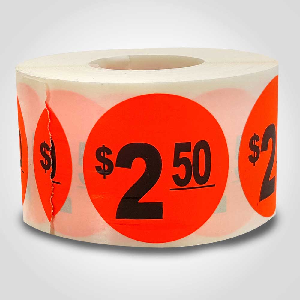 $2.50 Label Round Red Sticker with black print- 500/roll