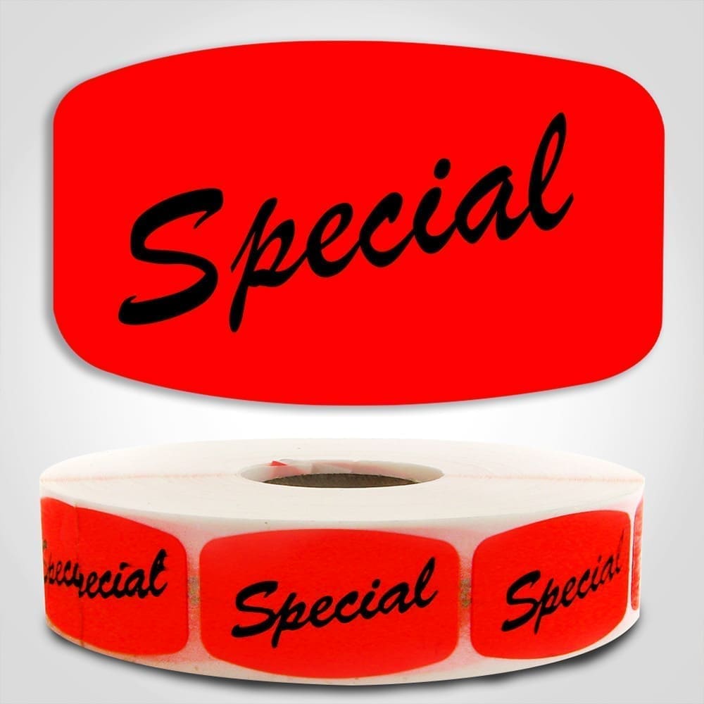 Special Labels – Red Dayglo Stickers with Black Print | Roll of 1000